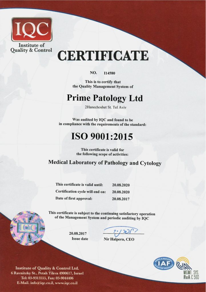 תעודות המעבדה – פריים פתולוג׳י